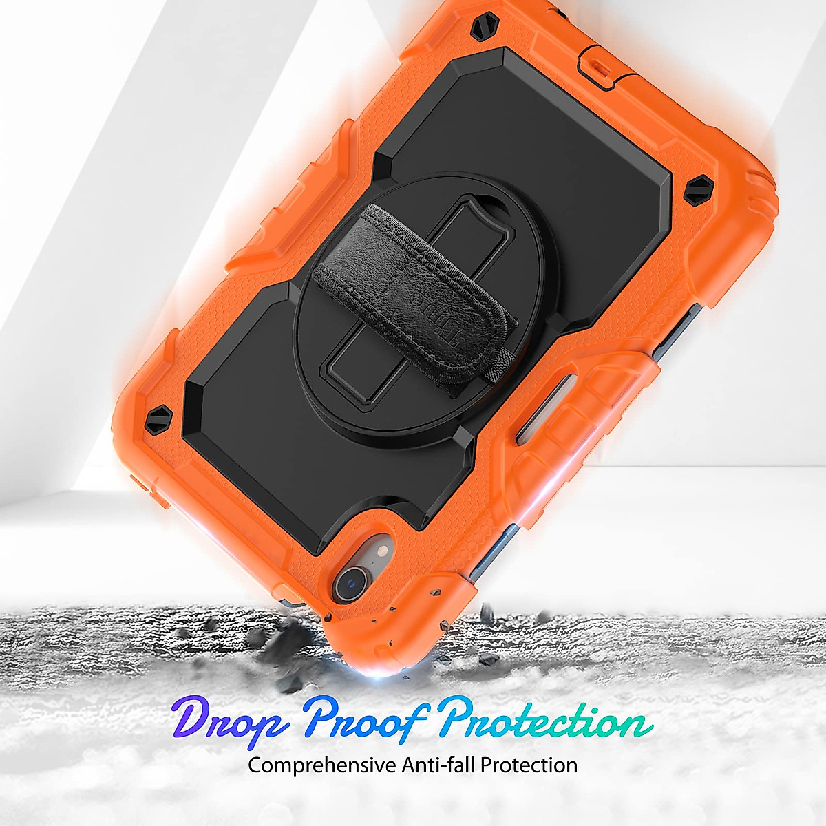 timecity Case for iPad Mini 7th/6th Generation 2024/2021 8.3 inch, Full-body Protective Case for iPad Mini 7/ Mini 6 with Screen Protector Pencil Holder Swivel Stand Hand/Shoulder Strap Case- Orange