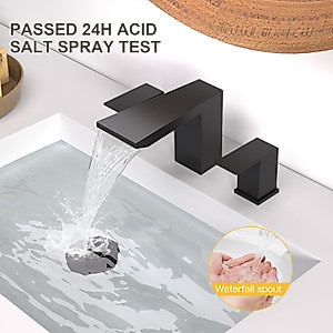 BESy Matte Black Bathroom Faucet 3 Holes Two Handles Vanity Widespread 8 Inch Bathroom Sink Faucet, Waterfall Bathroom Sink Faucet with cUPC Supply Hoses, Pop Up Drain, Stainless Steel