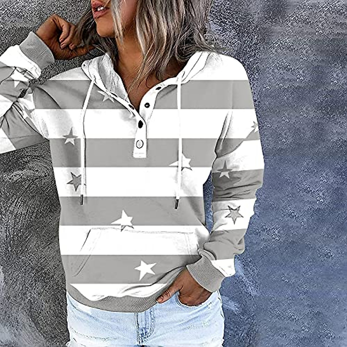 Women Casual Pullover Hoodies Sweatshirt Plus Size Button Down Drawstring Loose Long Sleeve Striped Top with Pockets Gray