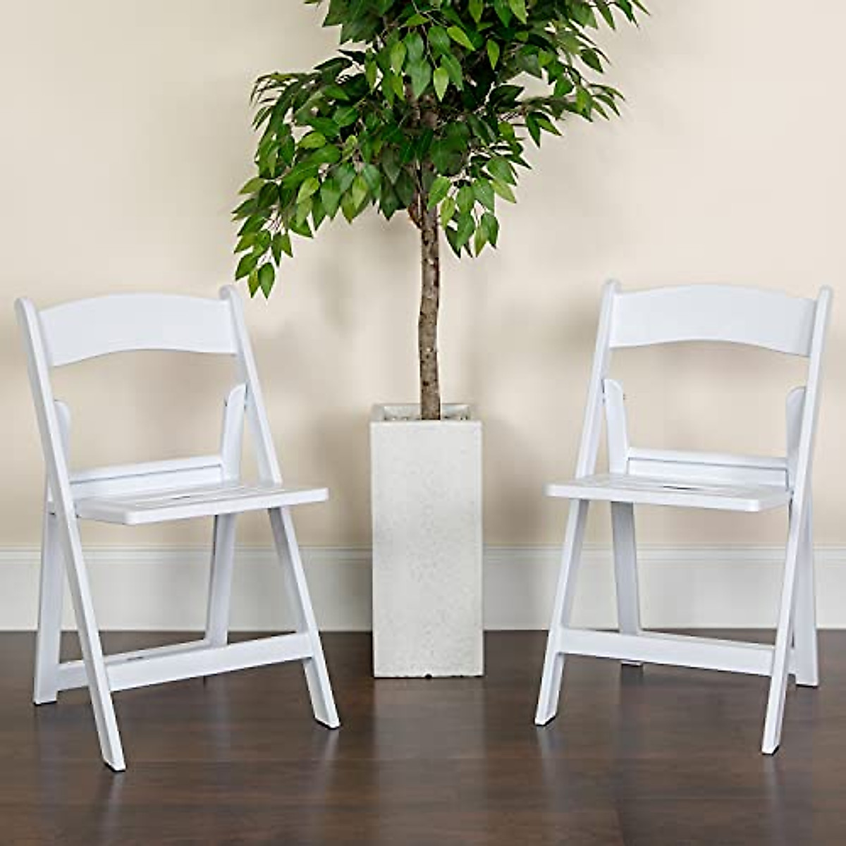 EMMA + OLIVER 2 Pack White Resin Slatted Party & Rental Folding Chair Indoor Outdoor