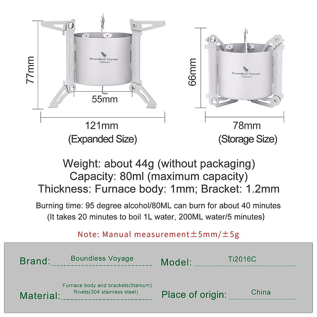 Boundless Voyage Titanium Spirit Alcohol Stove Camping Mini Spirit Cooker Alcohol Burner with Foldable Stands Brackets for Backpacking Hiking Ti2016C