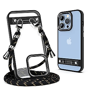 DOB SECHS for iPhone 14 Pro Max Phone Case with Strap, Clear Crossbody Case with Detachable Neck Lanyard, Adjustable, Anti-Yellowing, Military-Grade Shockproof Protective Phone Cover, Black