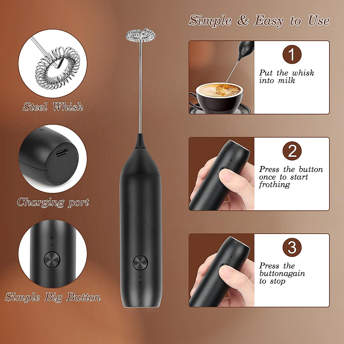FYY Milk Frother Handheld, Electric Foam Maker with Stainless Steel Whisk, Rechargeable Frother Drink Mixer with USB-C Cable for Coffee, Lattes, Cappuccino, Frappe, Matcha, Hot Chocolate,-Black