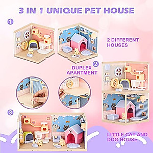 TQQFUN Cat and Dog Pretend Playset for Kids, 50Pcs Pet Figurines Toys, Toddlers Stem Building Pet Dollhouse Montessori Toy, Cat Condo for Boys and Girls