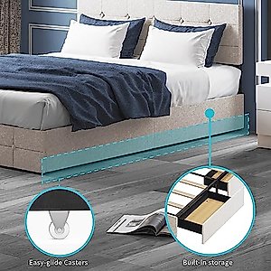 CECER California King Size Bed Frame with 4 Storage Drawers, Linen Platform Bed Frame with Upholstered and Button Tufted Headboard, No Box Spring Needed Bed Frame with Adjutable Headboard-Beige
