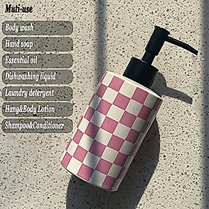 Bathroom Soap Dispenser with Matte Black Pump White Ceramic Soap Dispenser for Kitchen Checkerboard Empty Pump Bottle (Pink)