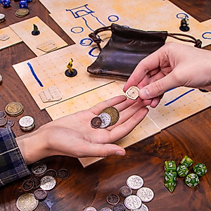 The Dragon's Hoard: 60 Real Metal Fantasy Coins with Leather Pouch | Board Game Accessory for Tabletop RPG Role-Play Strategy Games | Bronze, Silver, and Gold Colored Coins