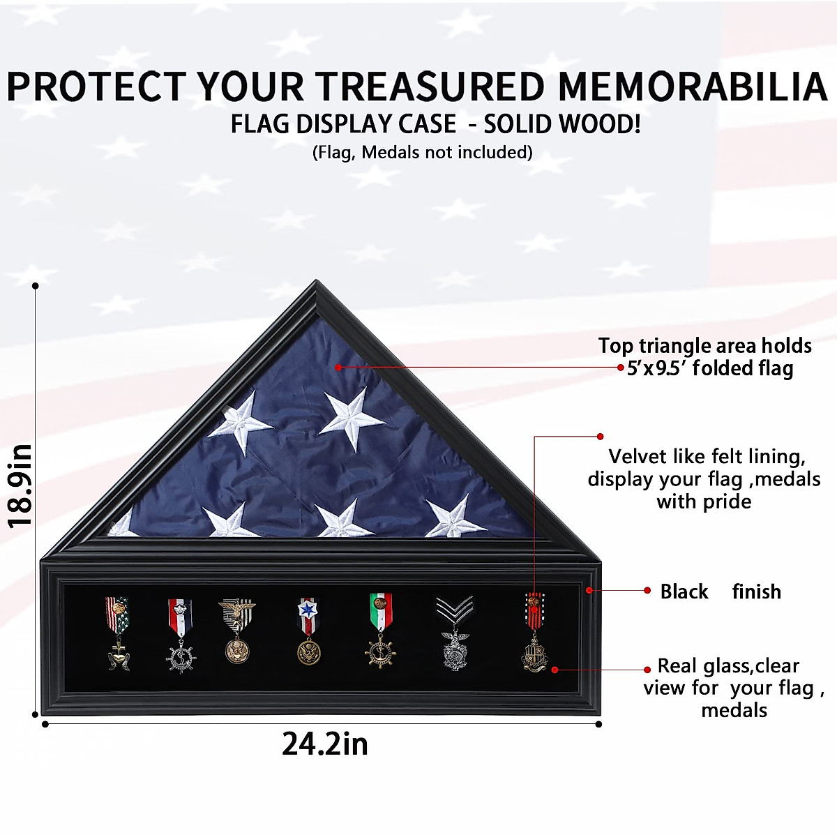 Zmiky Veteran Burial Flag Display Case American Flag Solid Wood Display Case Fits a 5 X 9.5 Flag Folded Military Shadow Box with Felt Lining Holder for Pins Insignia Medals, Black