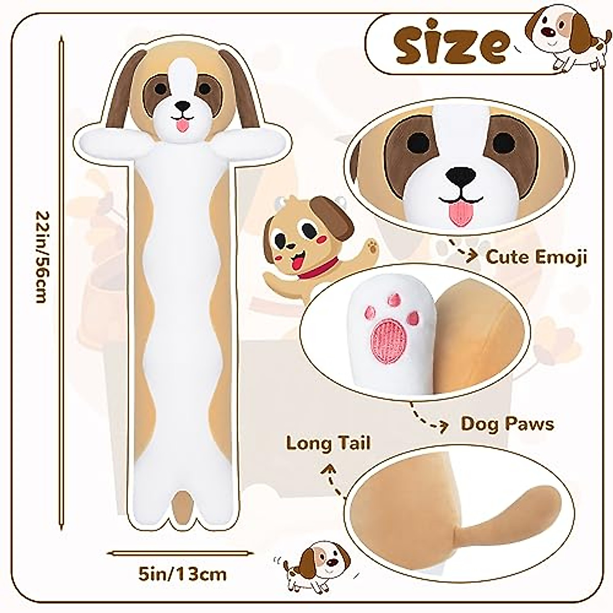 JIAJEGTGT Long Dog Plush Pillow, Long Dog Stuffed Animal Body Pillow, 22” Soft St Bernard Dog Plush Sleeping Throw Pillow, Cute Cartoon Stuffed Dog Toys Kawaii Gifts for Kids Girlfriends