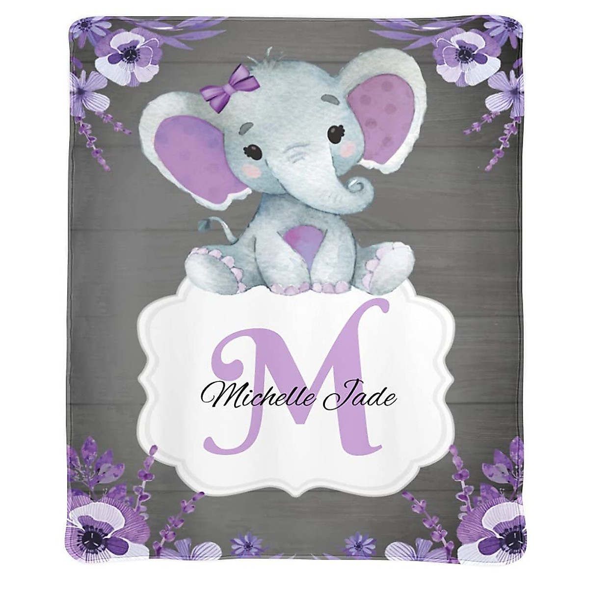 Yeshop Personalized Throw Blanket, Monogram Purple Floral Elephant Custom Blankets 50x60 Inches for Couch Bed, Fleece Blanket with Your Name Birthday for Boy Girl Teen