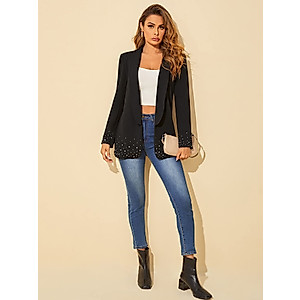 WDIRARA Women's Elegant Long Sleeve Blazer Open Front Rhinestone Suit Jackets Black 5XL