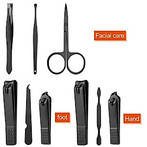 Manicure Set Pedicure Kit Nail Clippers Set 8 in1 High Precision Stainless Steel Cutter File Sharp Scissors for Men & Women Fingernails & Toenails Vibrissac Scissors with Stylish Case (black&red_8in1)
