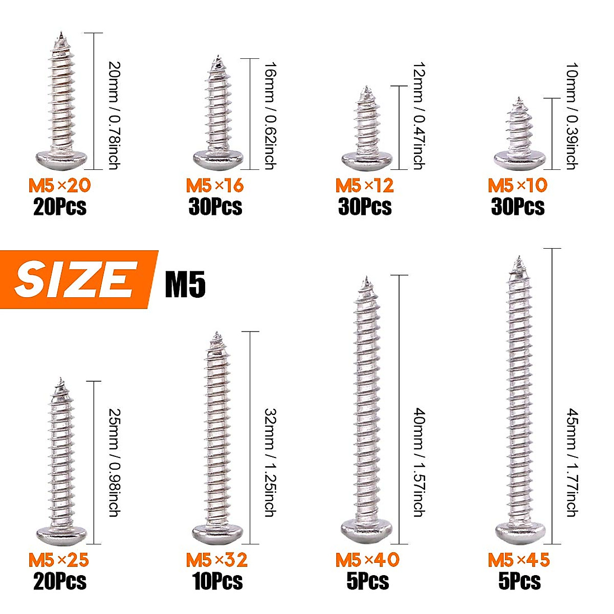 Rustark 150Pcs M5 304 Stainless Steel Round Pan Head Phillips Cross Screws Drive Self-Drilling Screws Assortment Kit