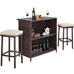 Yaheetech 3pcs Patio Bar Set, Outdoor Wicker Bar Furniture with 2 Storage Shelves, Glass Top Table, Removable Cushions and Two Stools for Backyards, Porches, Gardens or Poolside