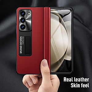 LEIAU for Samsung Galaxy Fold 5 Case: Luxury Genuine Leather case with Full Cover Hinge Protection & Screen Protector & Kickstand - Shockproof Protective Phone Case for Galaxy Z Fold 5 5G Red