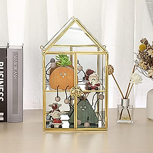 ELLDOO 2 Tier Clear Glass Storage Box, Gold Mirrored Jewelry Makeup Display Organizer Case, Decorative Tower box Storage for Trinket Perfume Lipstick Figure Statue Toy Display, House Shape