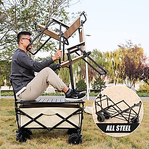 JHXG Wagons Carts Heavy Duty Foldable, Collapsible Wagon Utility Camping Park Wagon Cart, Folding Wagon Cart, Utility Wagon with Push Pull Handles, with Black Aluminum Table Plate (Beige)