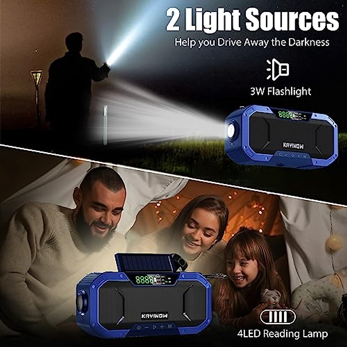 Emergency Radio Hand Crank Solar,Portable AM FM NOAA Weather Digital Radio,Waterproof Wind Up Rechargeable Radio with 5000mAh Battery Power,Flashlight Cell Phone Charger,Reading Lamp,Outdoor Survival