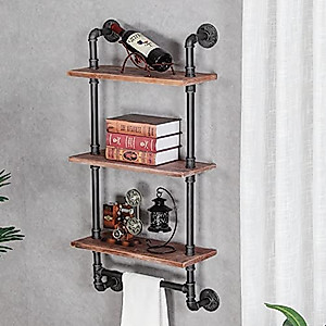 RZGY Industrial Pipe Bathroom Shelves Decor Wall Mounted 3 Tiered, Rustic Pipe Shelving Wood Shelf with Towel Bar, Pipe Shelving Floating Shelves Towel Holder, Retro Black