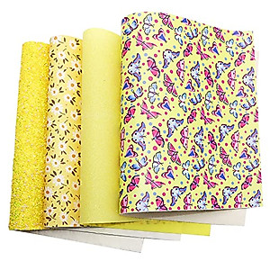 David accessories 4 Pcs 7.7" x 12.9" (20 cm x 33 cm) Yellow Butterfly Printed Faux Leather Fabric Sheets Include 2 Kinds of Leather Fabric for DIY Bows Earrings Making Crafts (Yellow Butterfly)