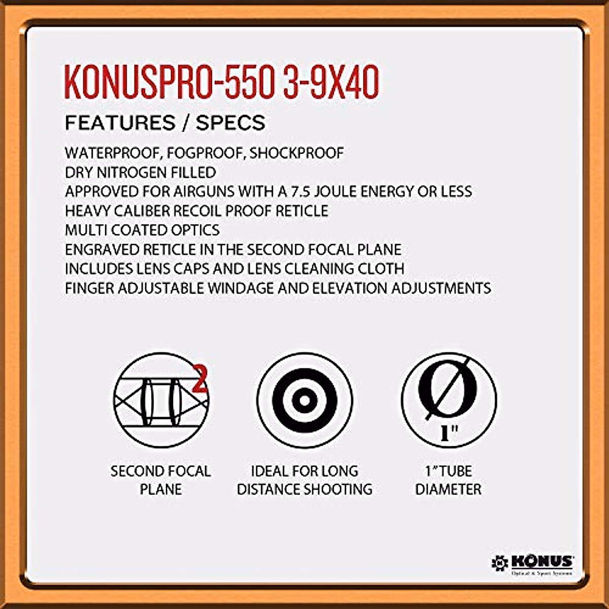 KONUS — KonusPro 7276 - 550 IR 3X-9X40 Riflescope w/ Engraved 550 Ballistic Reticle and Illuminated Center Dot