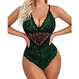 Avidlove Women One Piece Lingerie Deep V Teddy Contrast Lace Bodysuit Mini Babydoll (Green,L)