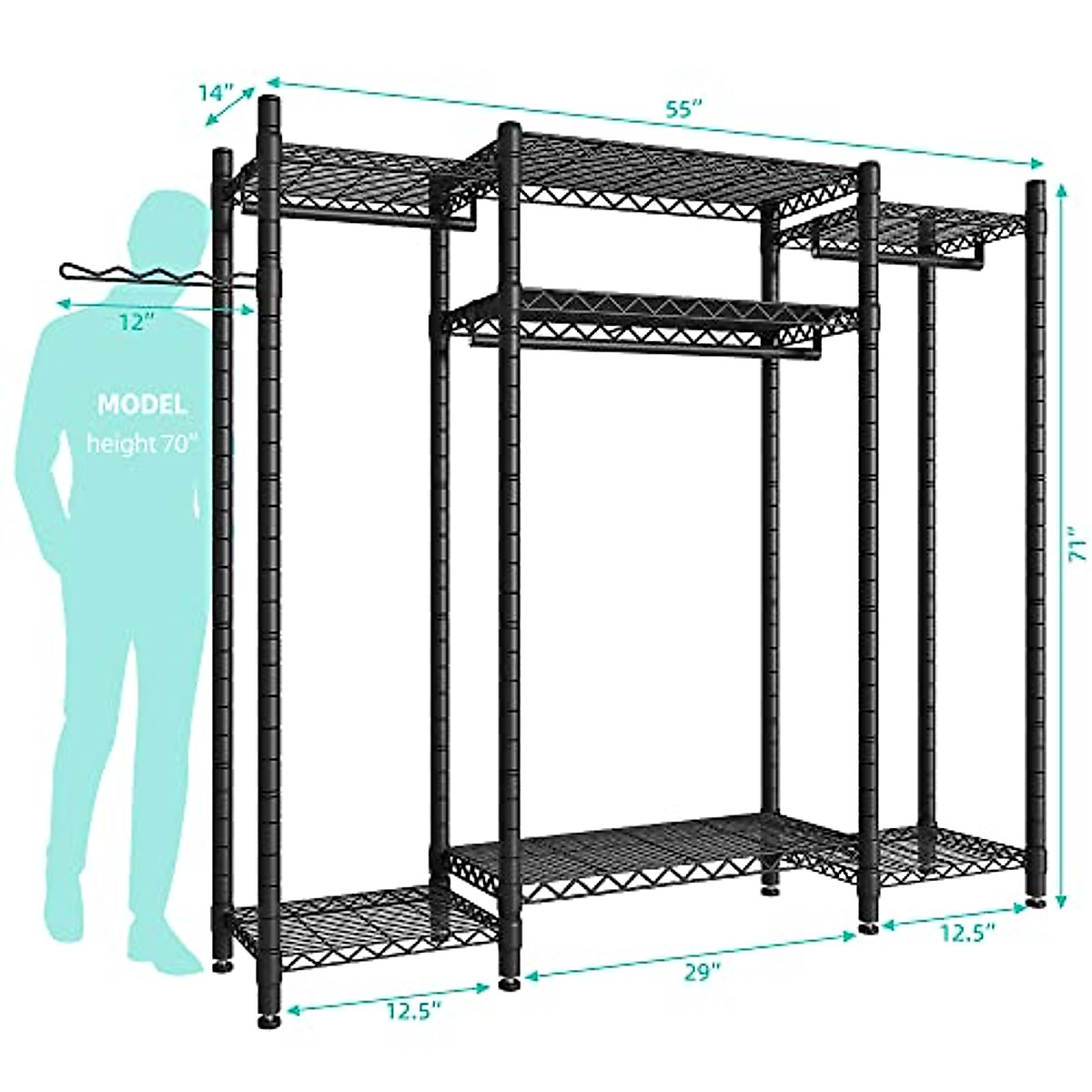 PUNION Clothing Rack Heavy Duty Clothes Rack, L Shaped Pro Garment Rack with 7 Shelves, Sturdy Metal Wardrobe Closet Rack for Hanging Clothes, 56" L x 14" W x 71" H, Max Load 520lbs, Black, GR7L