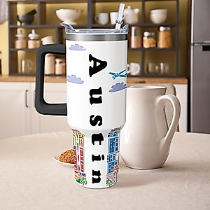 Vehcimbev City Themed Tumbler - 40oz With Hanld Stainless Steel Travel Coffee Mug with Leak Proof Lid - Hot/Cold Drinks,Perfect Austin Souvenir Gift (Austin)
