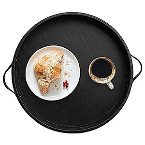 HofferRuffer PU Leather Round Tray, Serving Tray with Handles, Decorative Catchall Vanity Tray, Coffee Tray, Faux Leather Ottoman Tray for Home Or Office, Diameter 14.6-inch (Black)