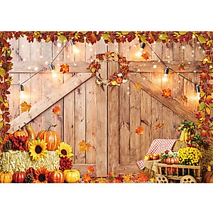 Fall Harvest Barn Backdrop Autumn Thanksgiving Wooden Farm Door Photography Background Rustic Pumpkin Maple Leaves Baby Shower Birthday Party Decorations Supplies 7x5FT