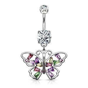 Amelia Fashion 14GA Butterfly with Multi Colored Baguette CZ Wings Dangle Belly Button/Navel Ring 316L Surgical Steel (Silver/Multi)