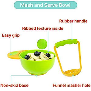 Food Feeder Baby Fresh Fruit Feeder (2 Pack) with 3 Different Sized Silicone Pacifiers, Mash and Serve Bowl with 4 Soft-Tip Silicone Baby Spoons, Perfect Baby First Stage Feeding Set by MICHEF