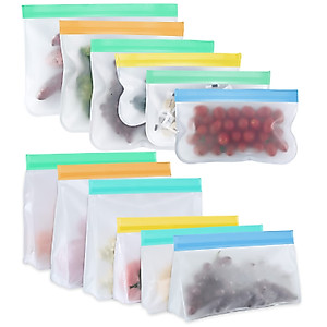 Reusable Food Storage Bags - Axbima 12 PACK PEVA Reusable Freezer Bags for Sandwich - Stand-up Reusable Snack Zip lock bags for Home/Travel Meat Fruit Vegetables Cereal Nuts (Multicolored)