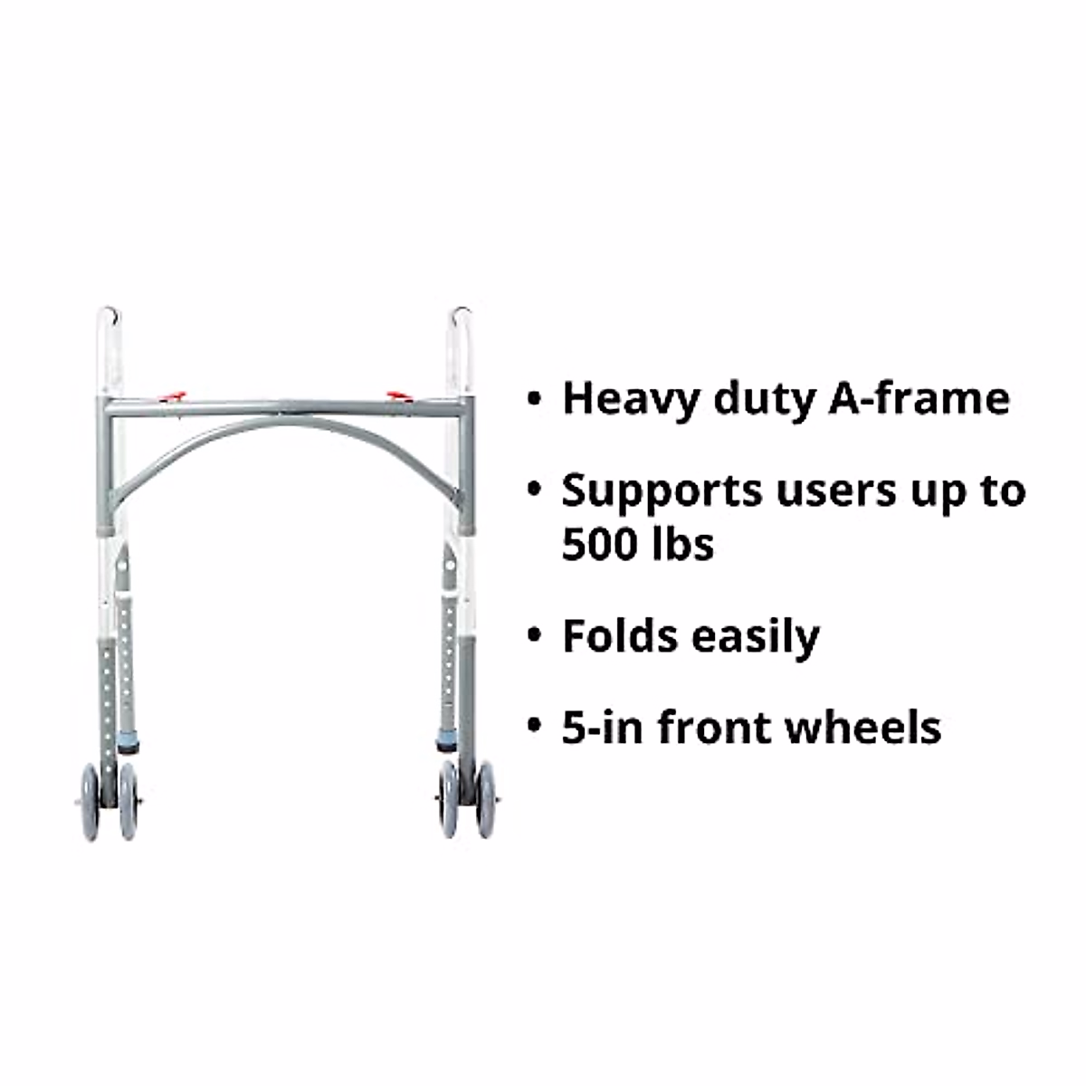 McKesson Folding Walker with 5 in Wheels, Bariatric, Steel, Height Adjustable 32 in to 39 in, Weight Capacity 500 lbs, 1 Count