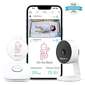 Sense-U Smart Baby Monitor 3+Camera, Audio, Video Baby Monitor That Notifies You for No Abdominal Movement, Rollover, High/Low Temperatures, Detected Motion, with Night Vision, 2-Way Talk, Pink
