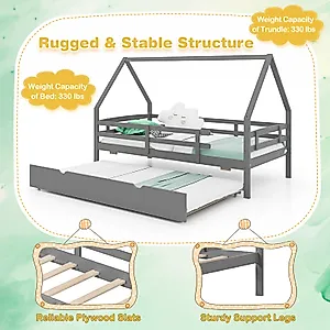 Giantex Twin House Bed with Trundle, Wood Kids Bed Frame with Roof & Fence Rails, Montessori Bed for Kids, Teens, Girls & Boys, No Box Spring Needed, Kids Trundle Bed Twin, Grey