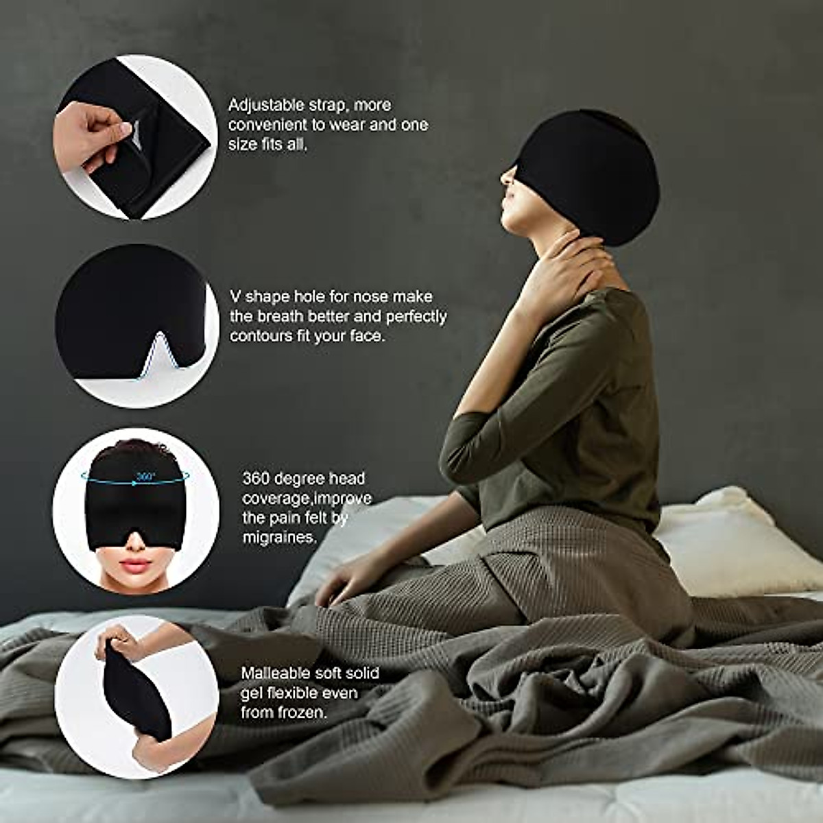 Migraine Ice Head Wrap, Headache Relief Hat for Migraine Ice Hat, Comfortable & Stretchable Ice Cap for Puffy Eyes, Tension, Sinus & Stress Relief