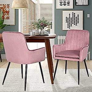 Decent Home Velvet Dining Chair Set of 2 Mid-Back Accent Arm Chairs with Black Metal Legs Modern Leisure Upholstered Seat Living Room Chair Home Desk Chair (Pink-2PCS)