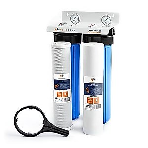 Aquaboon 2-Stage Whole House Water Filter System - w/Wrench, White Coated Steel Bracket & Pressure Gauge & Release Button (1" Port) - 5 Micron 20 x 4.5" Carbon Block Water Filter & Sediment Filter