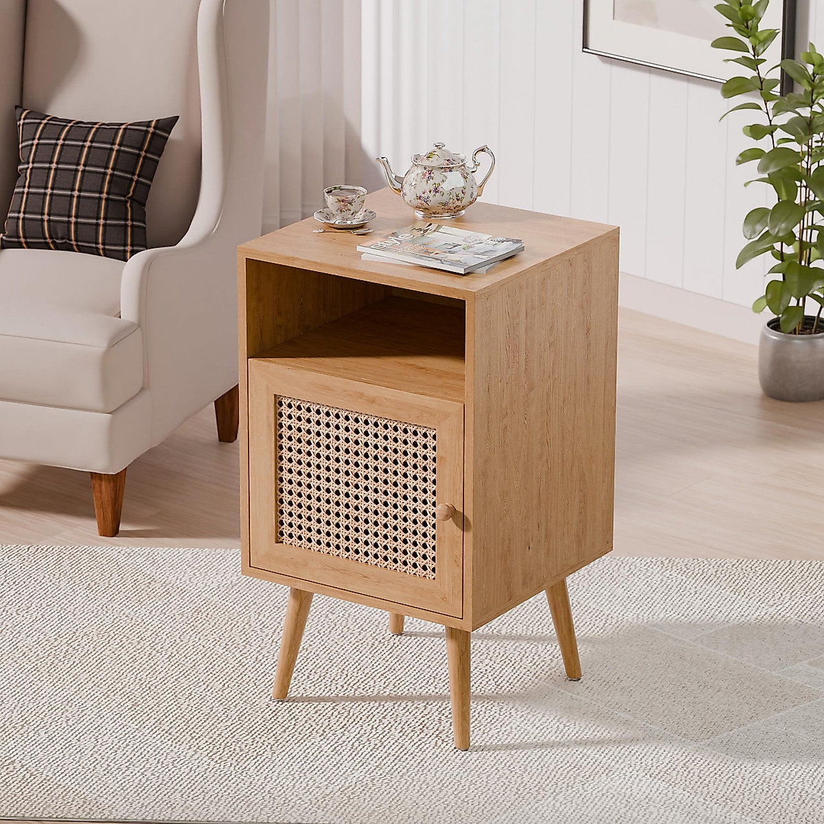 Xilingol Modern Rattan Nightstand, Boho Side Table with Handmade Rattan Decorated Door, Wood Bedside Table with Open Storage Shelf for Bedroom,Natural (no Charging Station, 1)