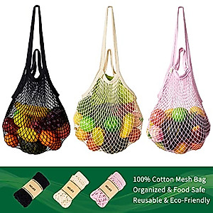 WOJEE Cotton mesh bags -Reusable Mesh Grocery Bags -Double handles net shopping bag-Mesh tote bag, fruit & vegetable market bags - 3 Pack (Beige, Pink, Black) -Large