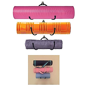 AUXPhome 3 Pack Wall Mount Foam Roller Holder and Yoga Mat Storage and Towel Rack - Flexible Adjustable Hooks - Ideal for Home, Small Studio,Fitness Class or Commercial use