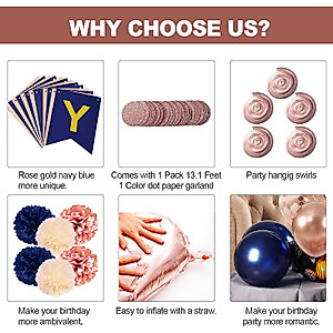 Navy Blue and Rose Gold Birthday Party Decorations for Women Girls,Happy Birthday Banner,Rose Gold Party Decorations for Women with Tissue Paper Pom,Hanging Swirls,Circle Dots Garland for Women Girls Birthday Decorations