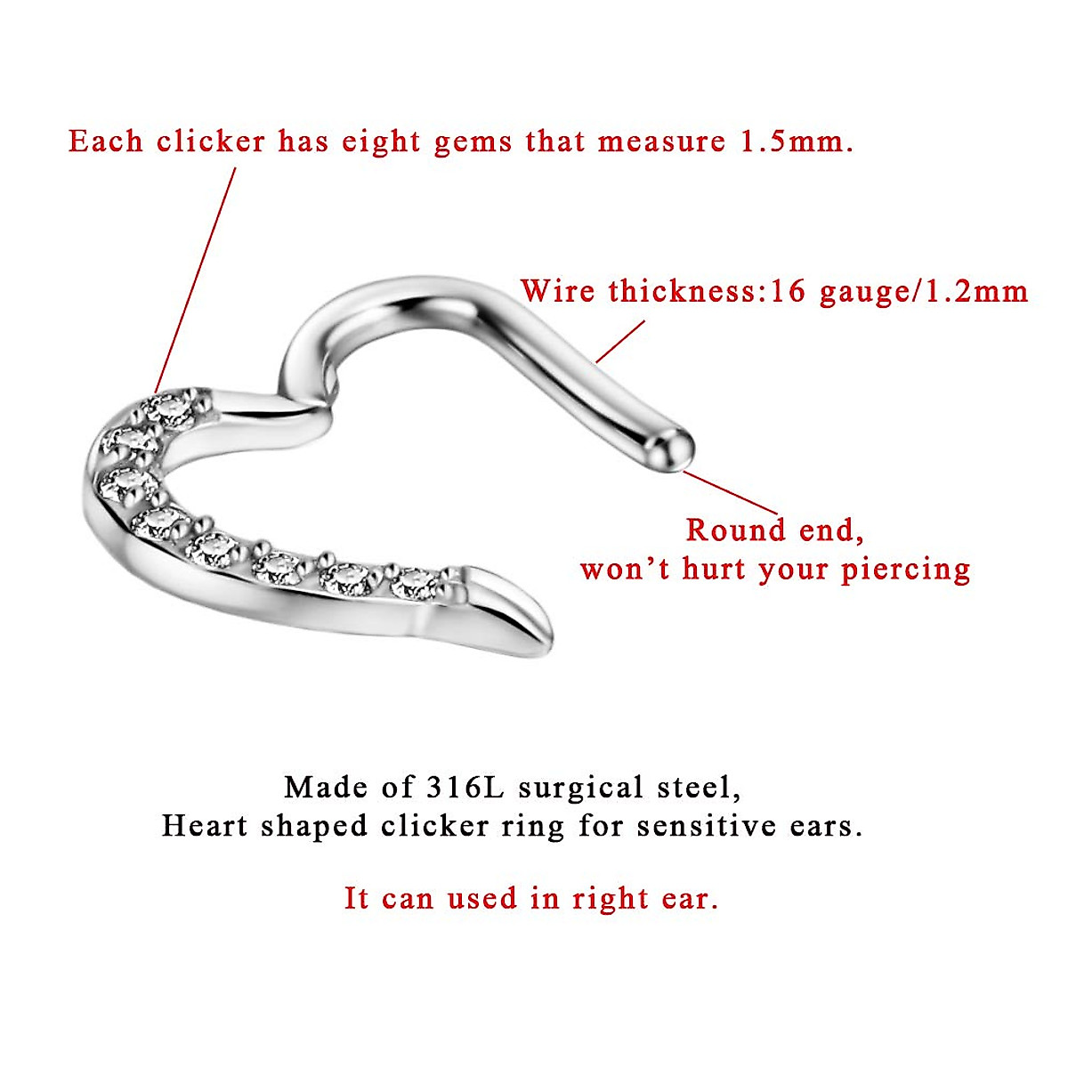 FANSING 16 Gauge Gemmed Daith Earrings Right Ear 8mm Daith Piercing Jewelry Surgical Steel 16g Heart Shaped Hinged Ring Hoop 316L Stainless Steel