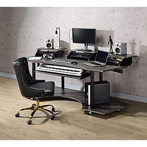 Music Recording Studio Desk with Piano Keyboard Tray, Recording Studio Workstation Table with Stands, Bottom Shelf and Wheels, Wooden Home Office Computer Desks for Study Gaming Bedroom (large,Black)