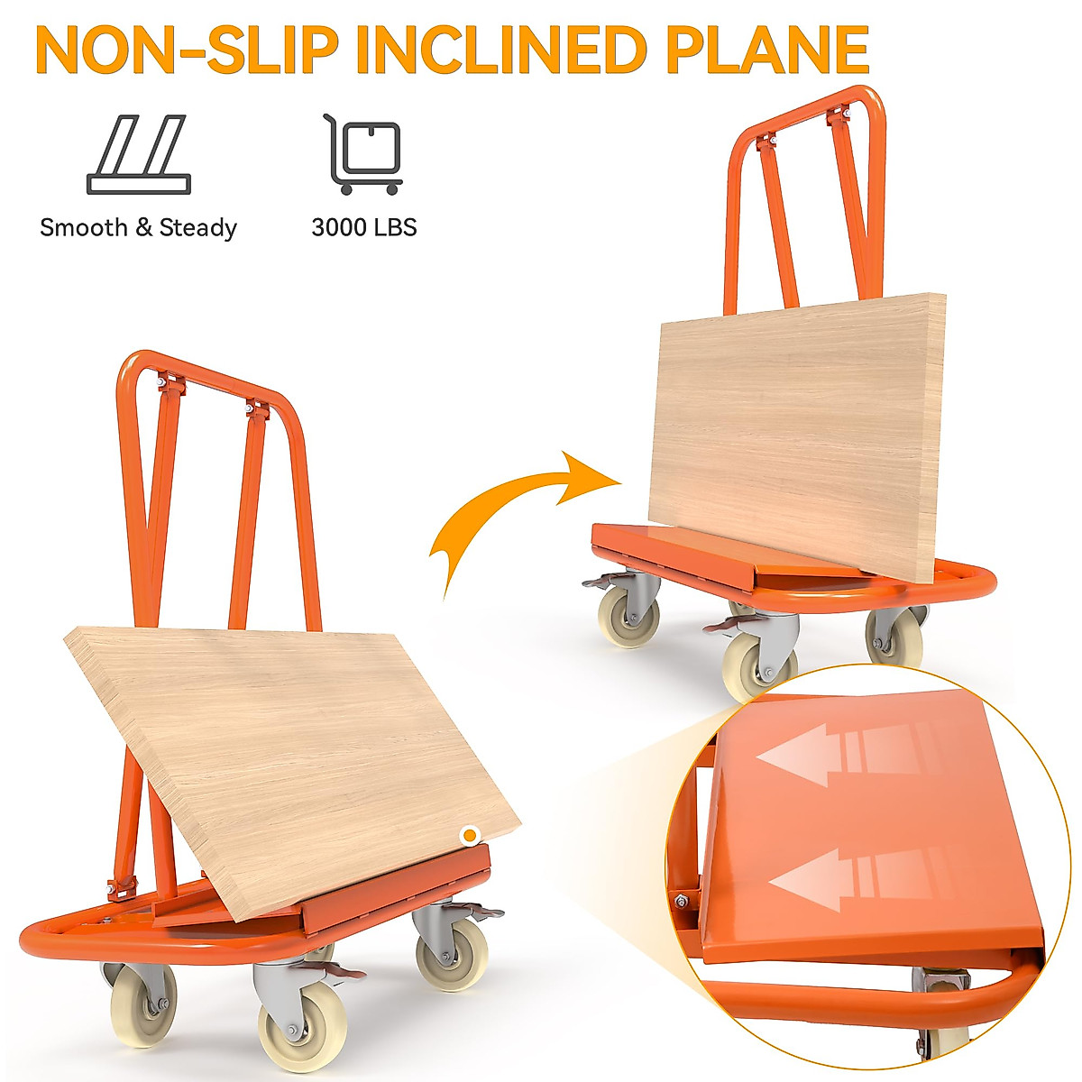 YINTATECH 3000lbs Drywall Cart Dolly, Heavy Duty Drywall Sheet Cart with 4 Swivel Wheels, Orange