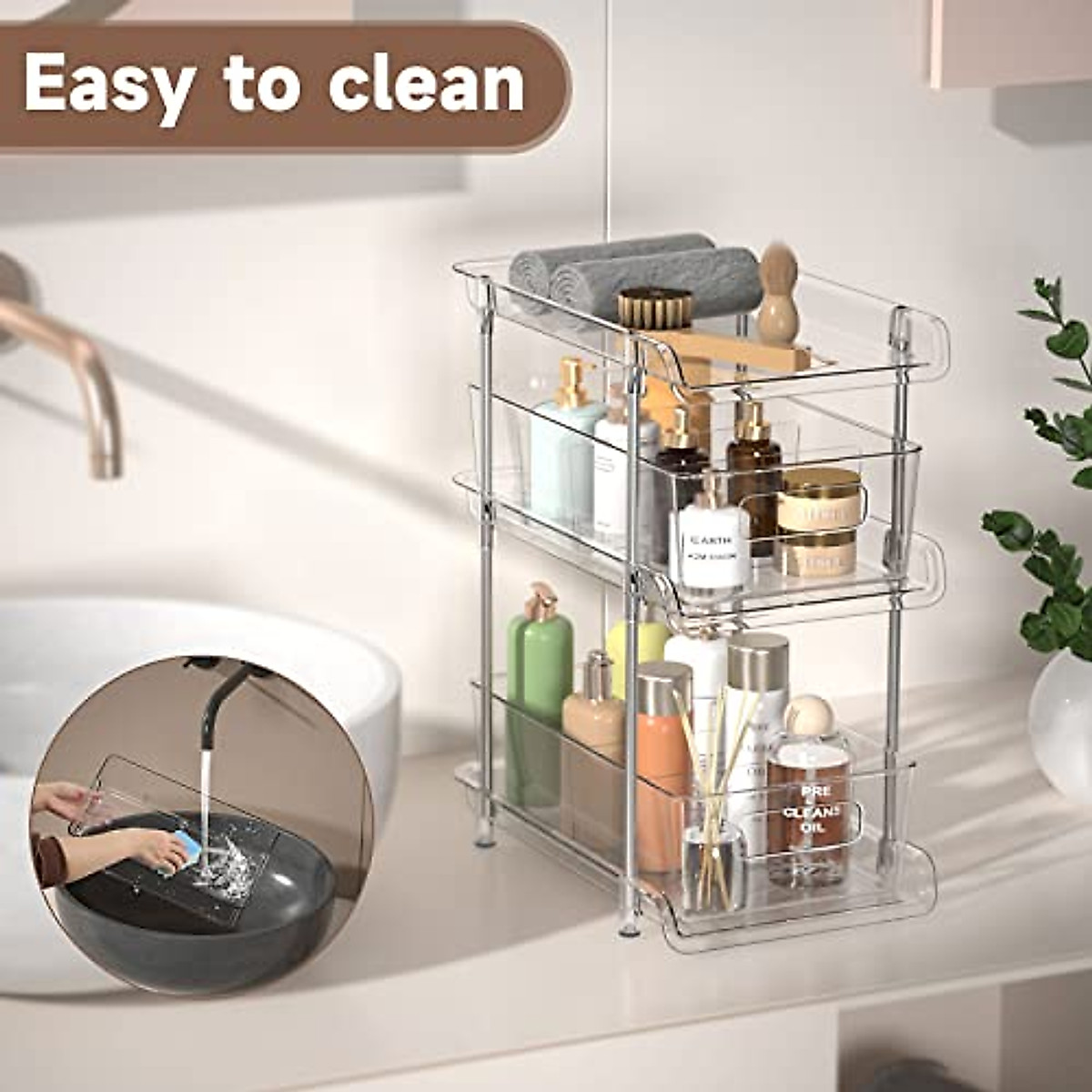2Set 3 Tier Clear Bathroom Organizer with Dividers, Pull-Out Pantry Organization and Storage, Multi-Purpose Under Sink Organizers and Storage, Vanity Skincare Cosmetic Closet Organizer Medicine Bins