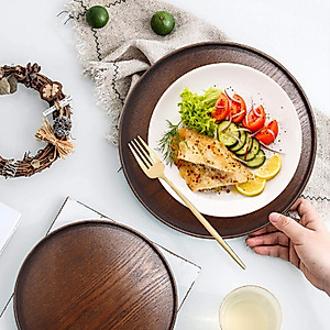 Solid Wood Serving Tray, Round Non-Slip Tea Coffee Snack Plate Food Meals Serving Tray with Raised Edges for Home Kitchen Restaurant (10.7inch, Brown)