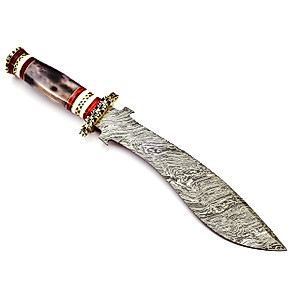 Skokie Knives Custom Damascus Steel Hunting Knife Color Camel Bone Handle with Brass Spacer -Handmade Premium Quality Edge Fixed Blade – For Multipurpose – Ideal for Survival Hunting Camping Hiking Outdoor Every Day Carry Professional Use Art of Craftsman
