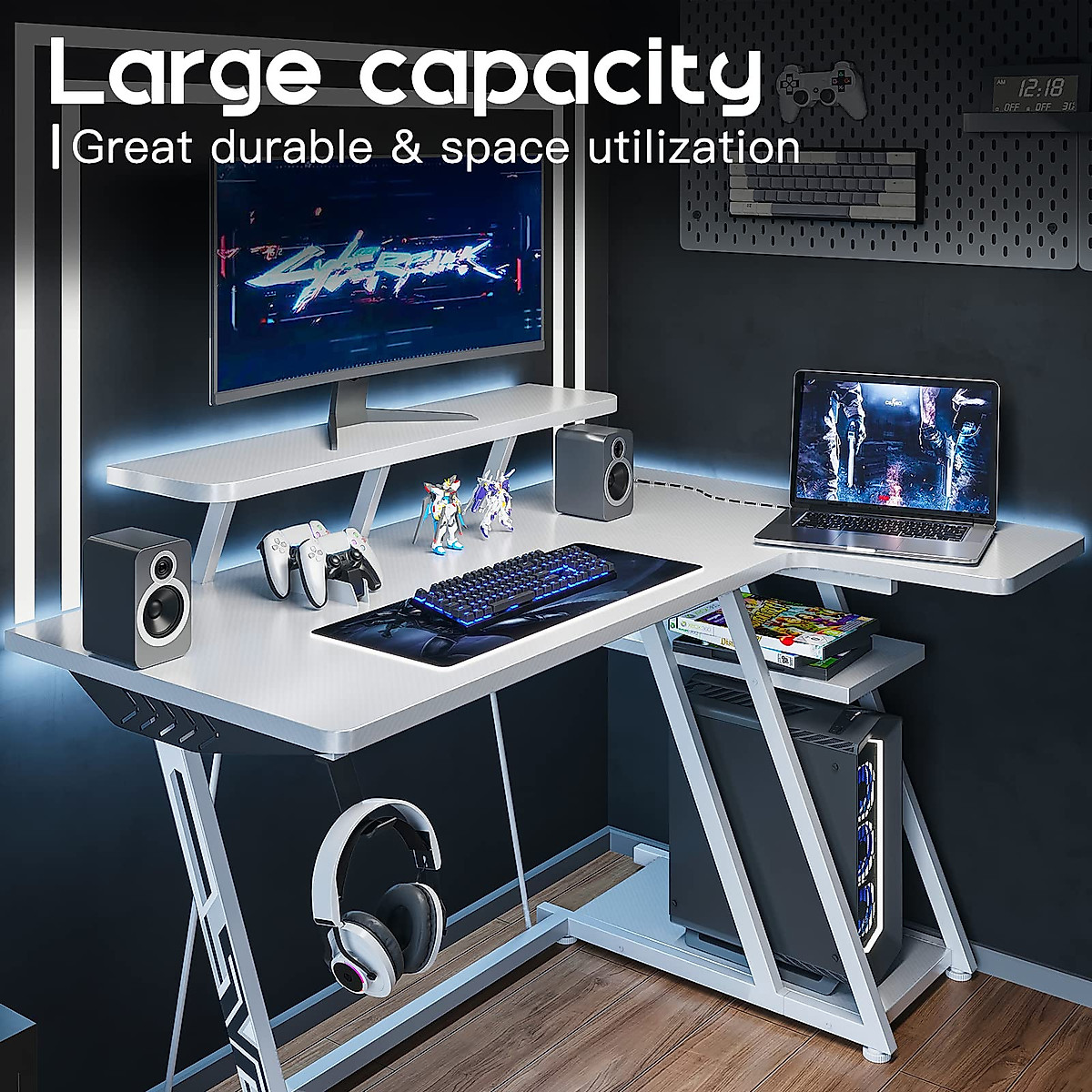MOTPK Gaming Desk L Shaped, Small Corner Desk with Storage Shelf & Power Outlets, Computer Desk with Monitor Shelf, L Shaped Desk with Carbon Fiber Surface, Gamer Desk Gaming Table, White, 47 Inch